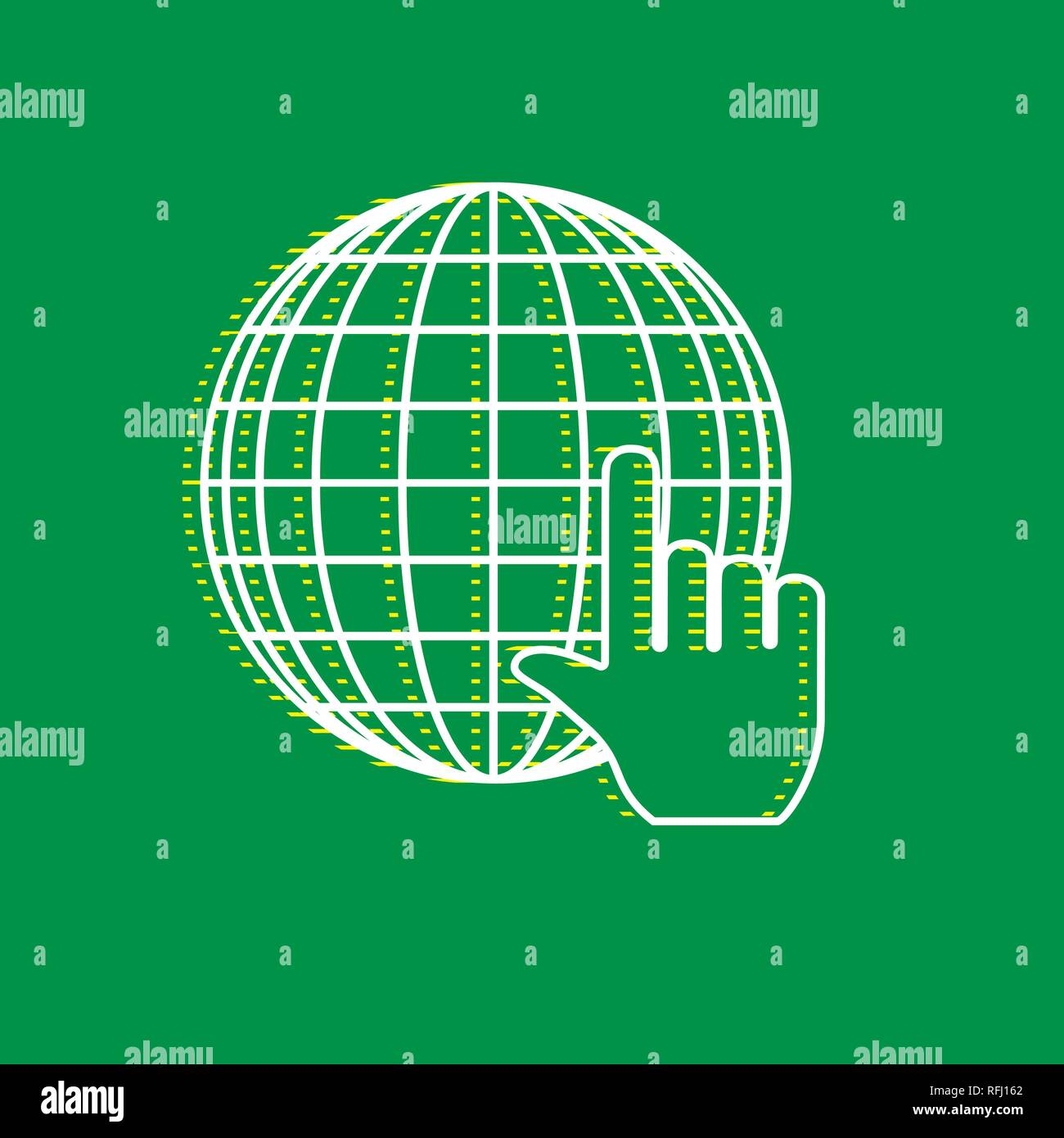 Earth Globe with cursor. Vector. White flat icon with yellow striped ...