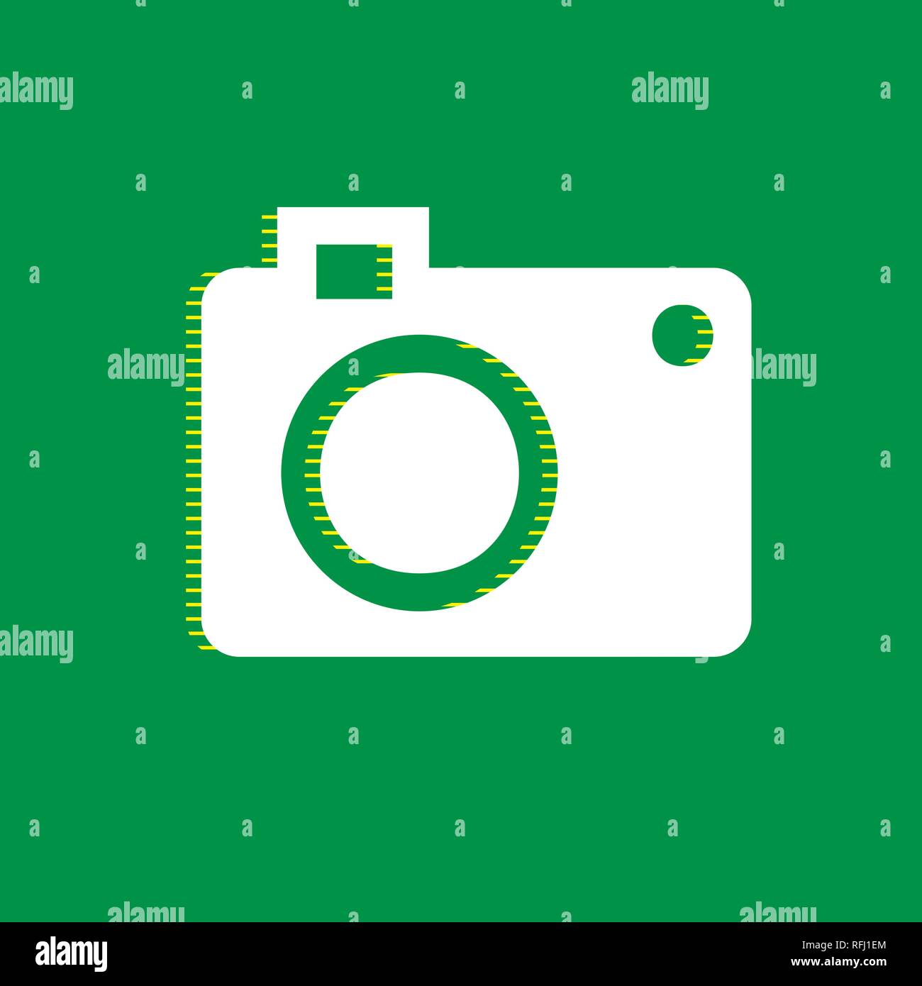Digital camera sign. Vector. White flat icon with yellow striped shadow ...