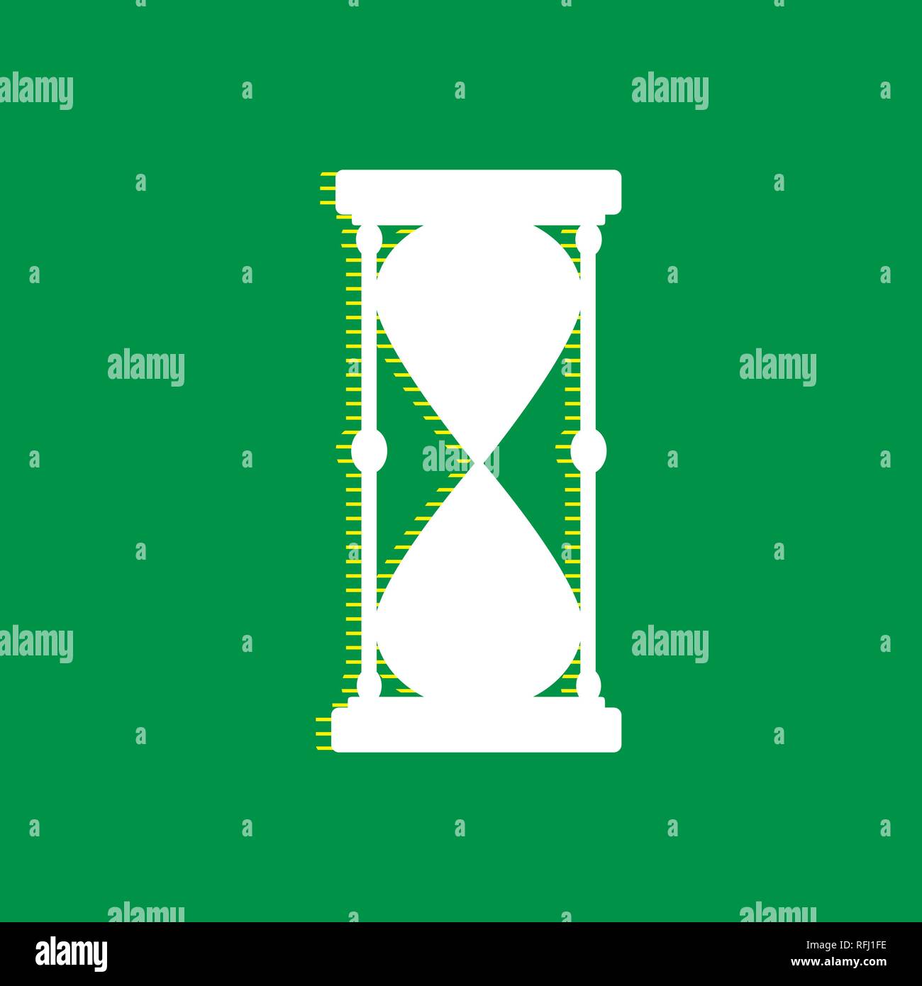 Hourglass sign illustration. Vector. White flat icon with yellow ...