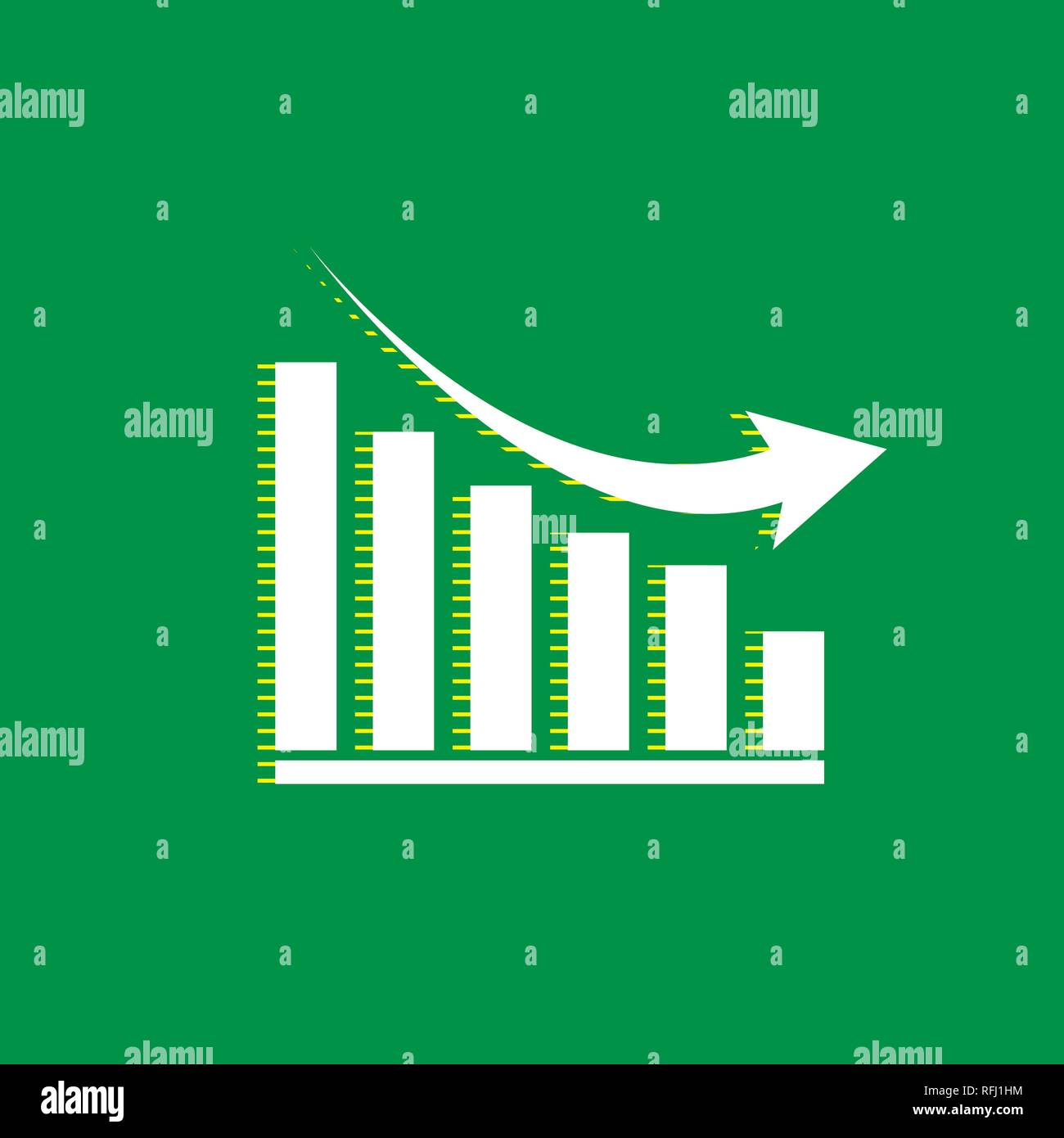 Declining graph sign. Vector. White flat icon with yellow striped ...