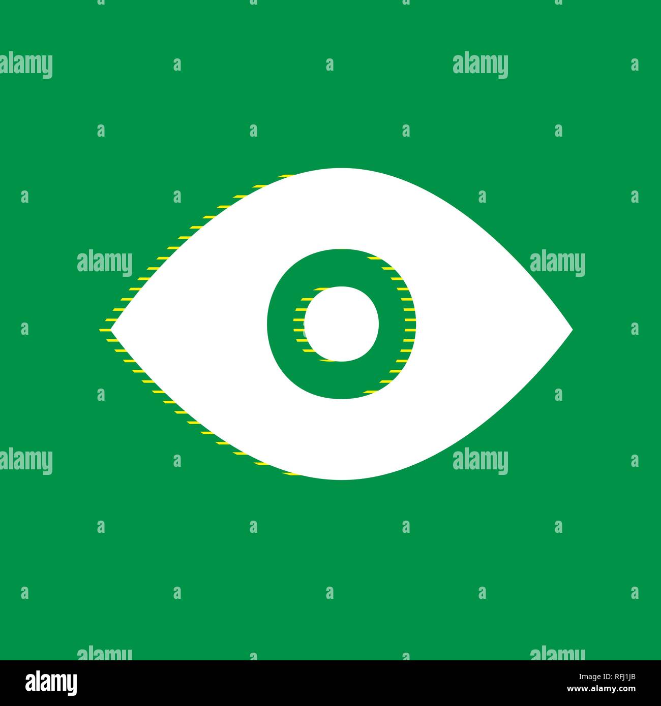 Eye sign illustration. Vector. White flat icon with yellow striped ...