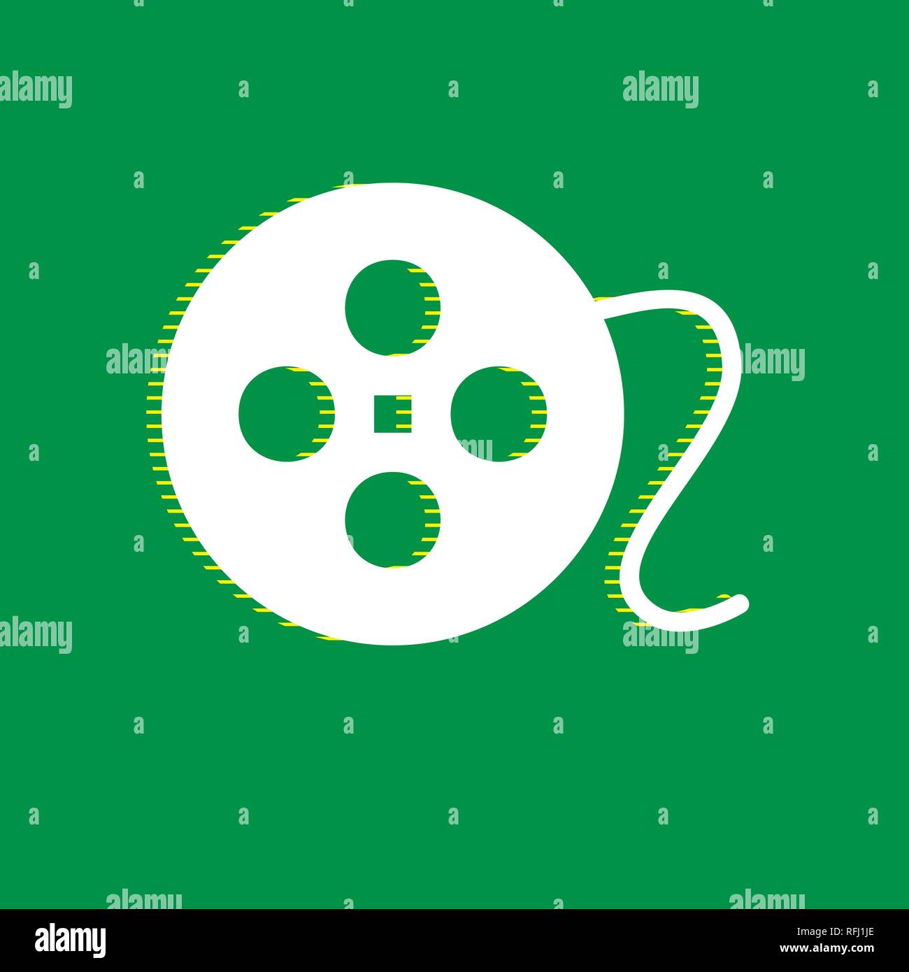 Film circular sign. Vector. White flat icon with yellow striped shadow ...