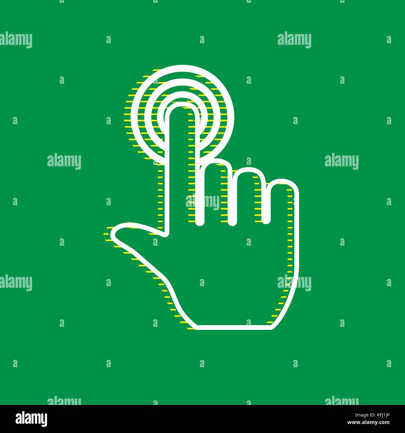 Hand click on button. Vector. White flat icon with yellow striped ...