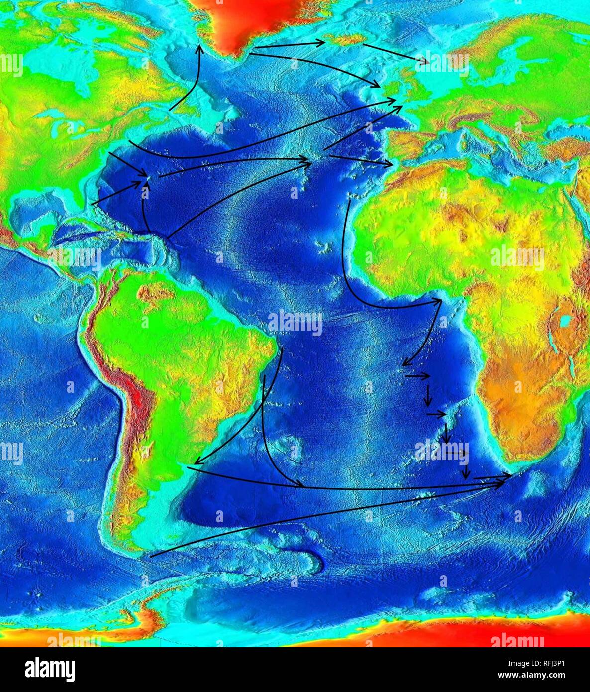 Atlantic bathymetry with paths eastward Stock Photo - Alamy