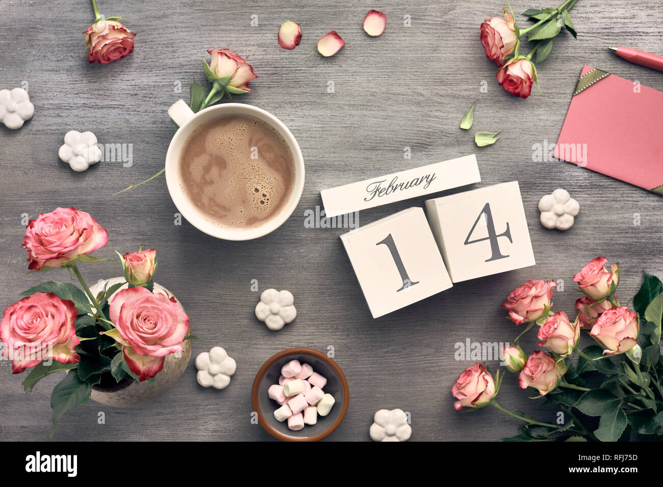 Valentines day background with pink roses, wooden calendar, greeting ...