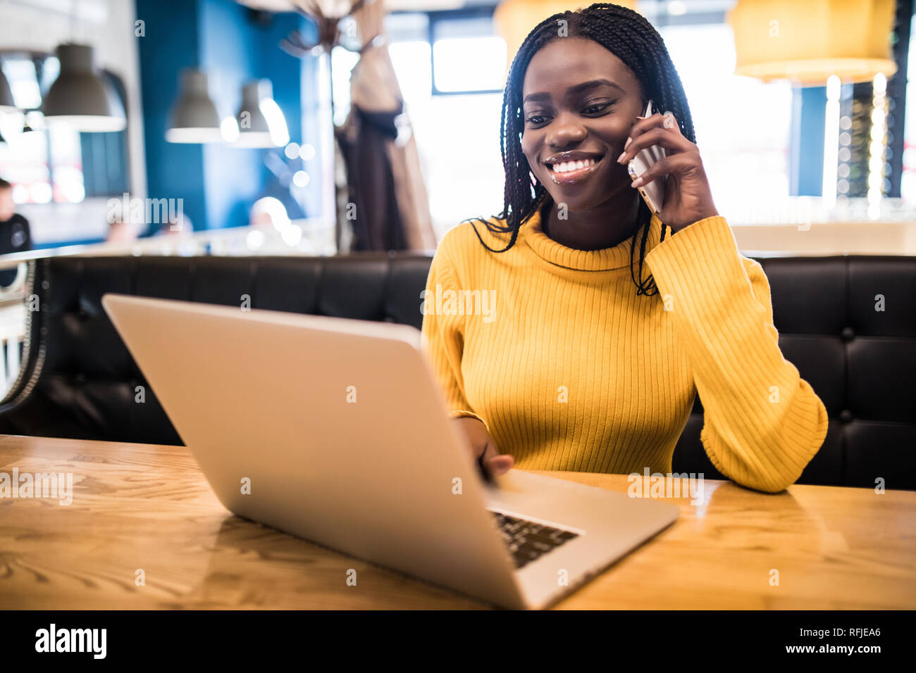 Professional African american copywriter talking about new project on ...