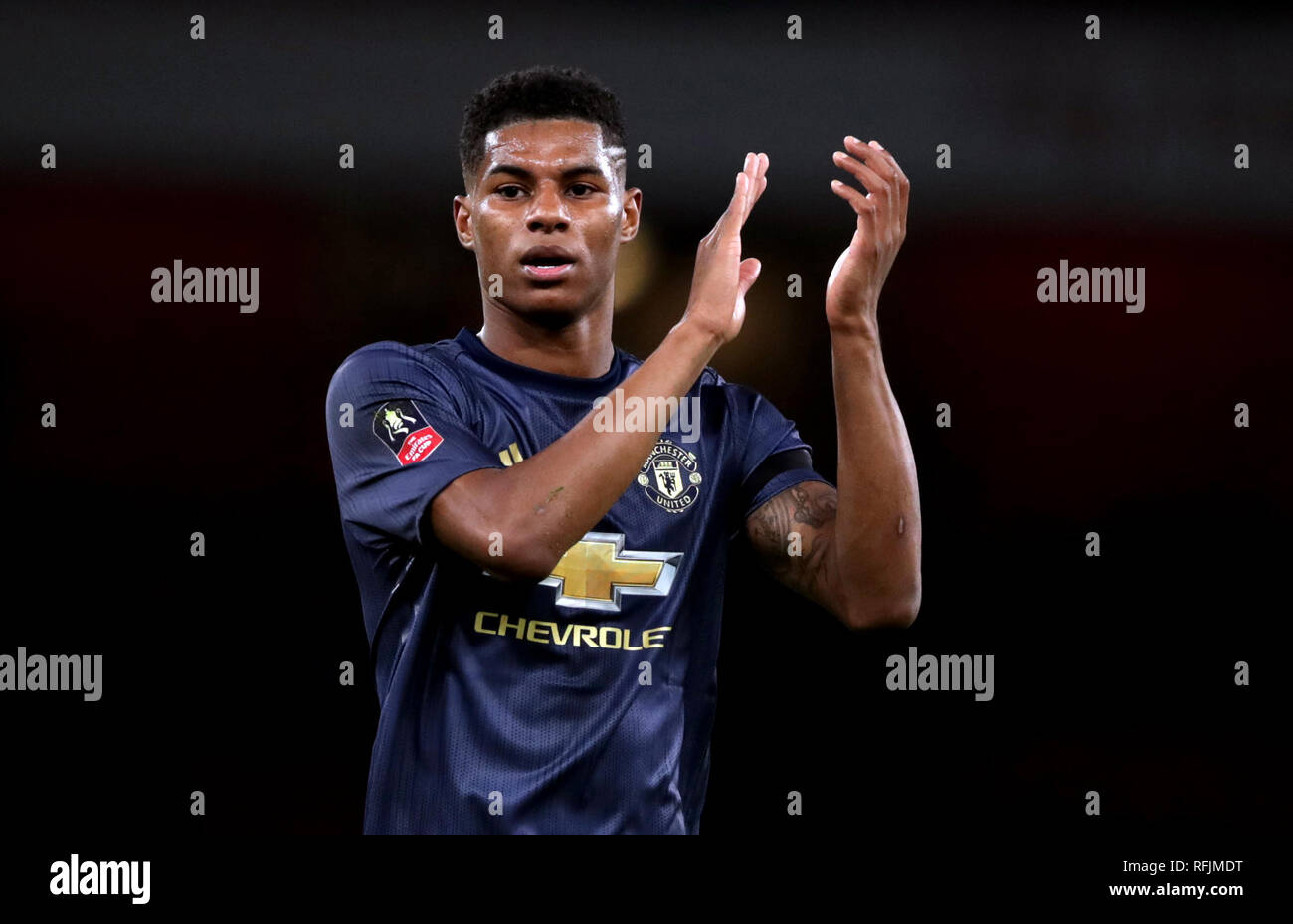 Manchester United's Marcus Rashford applauds the fans after the FA Cup ...