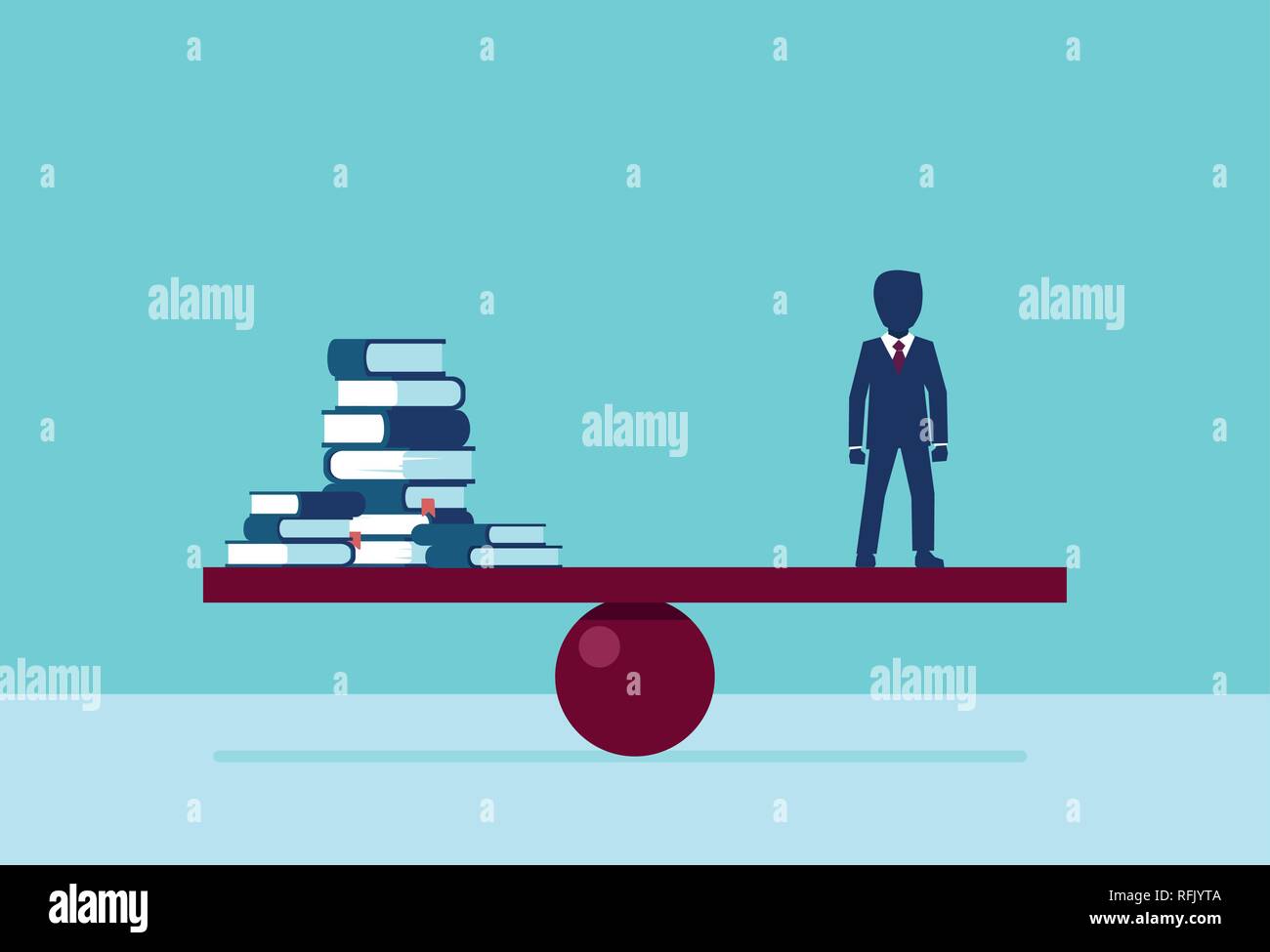 Vector of an educated businessman balancing stack of books on blue ...