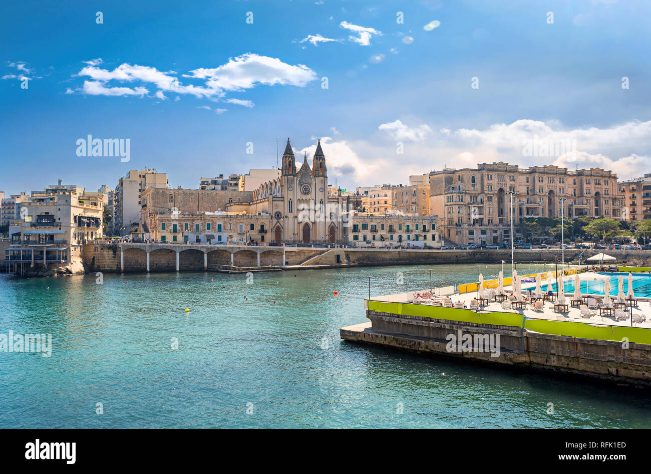 Cityscape with Parish Church in Balluta bay. St Julian's, Malta Stock ...
