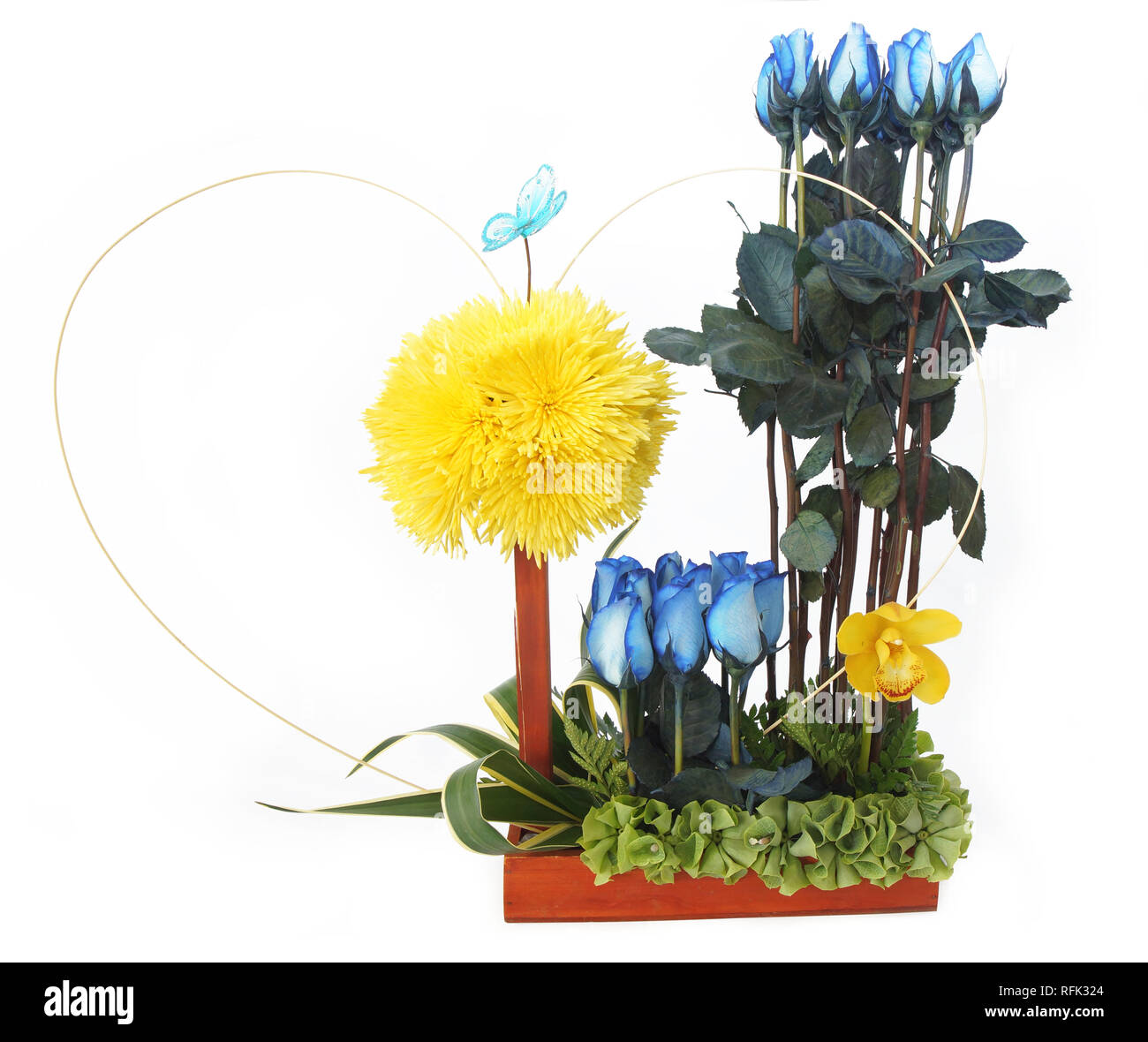 Floral gift arrangement made with blue roses with long stems and yellow ...