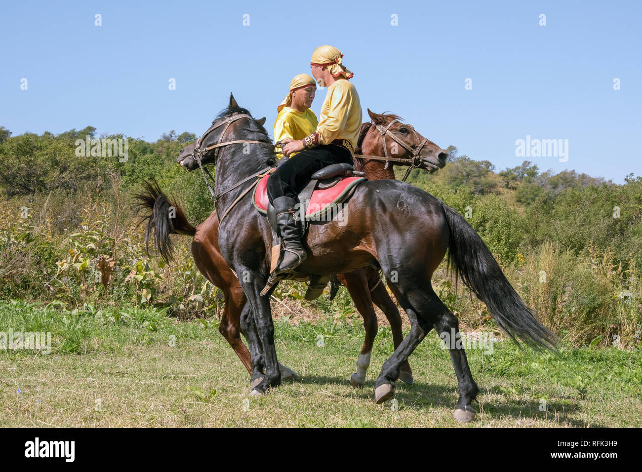 Two Kazakh men squaring off for horseback wrestling, Almaty, Kazakhstan ...