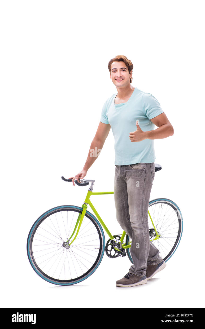 Young man with cycle isolated on white Stock Photo - Alamy