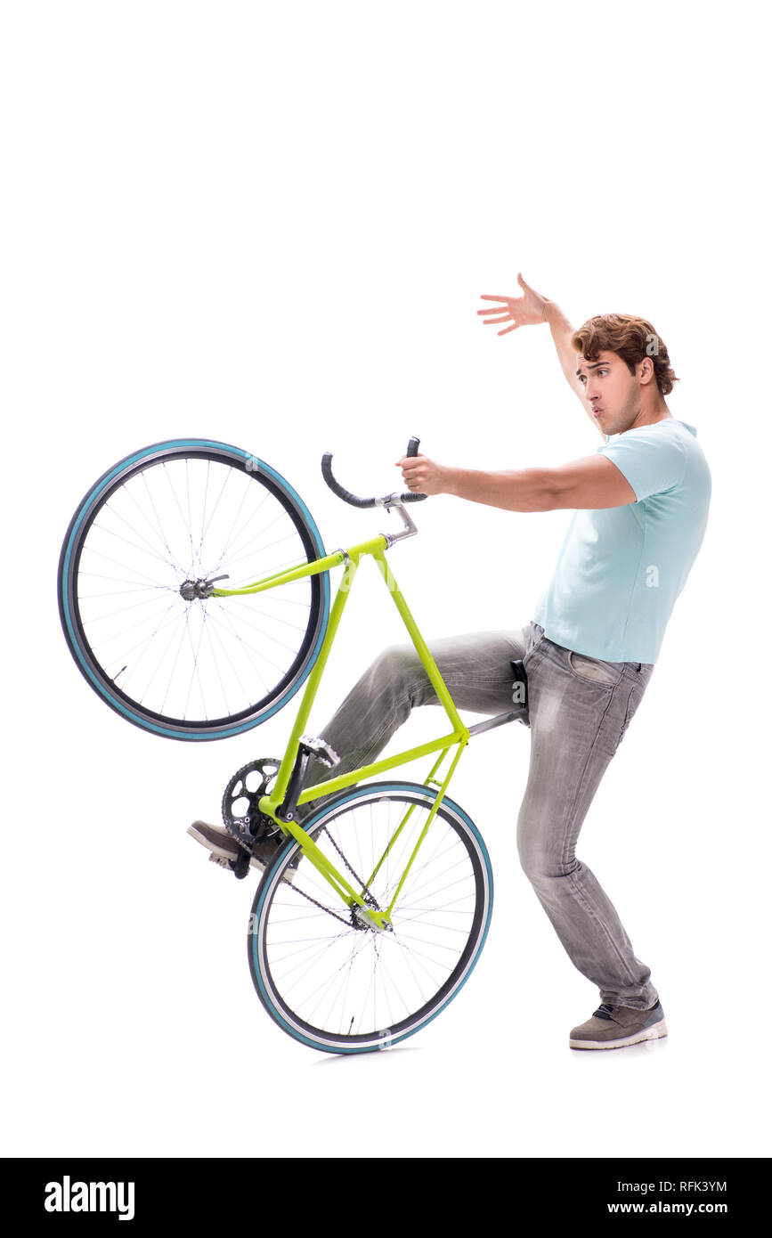 Young man with cycle isolated on white Stock Photo - Alamy