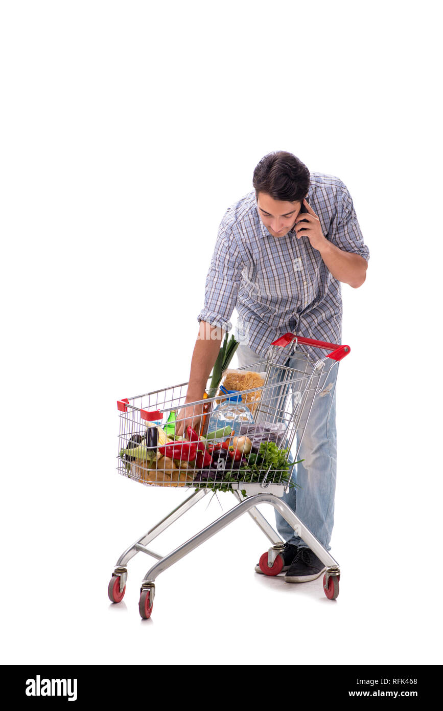 Young man with supermarket cart trolley on white Stock Photo - Alamy