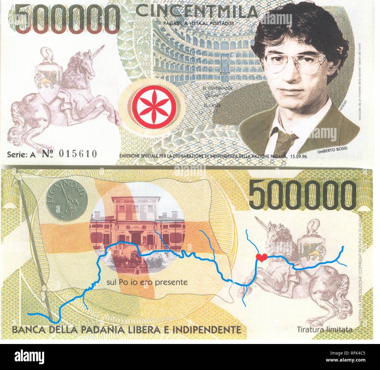Banconota Cincentmila Bossi - Ed. Speciale Indipendenza della Padania ...