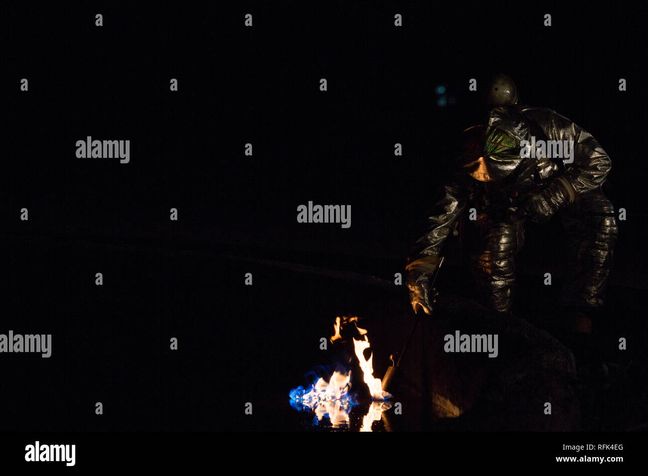 U.S. Marines with Aircraft Rescue and Firefighting (ARFF) ignite a fuel ...