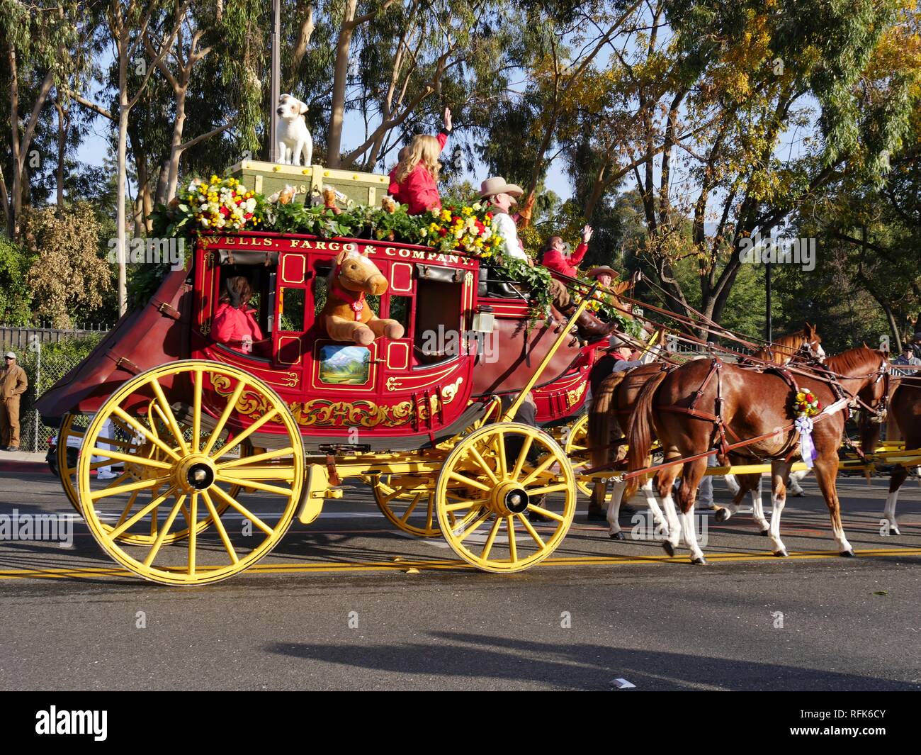 PASADENA, CALIFORNIA—JANUARY 1, 2018:A stagecoach of the Wells Fargo ...