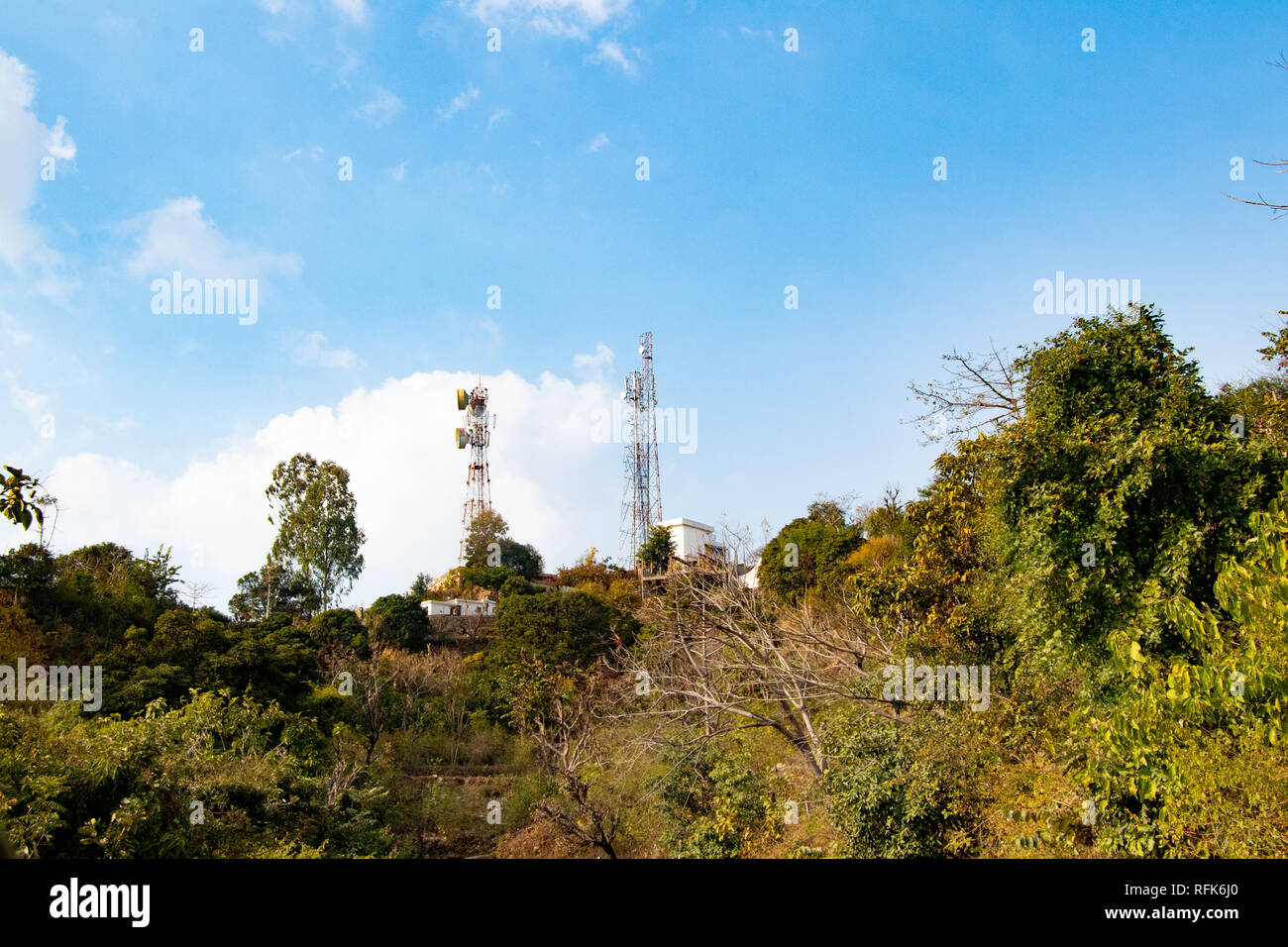 Silver color mobile,cell phone tower with trees and blue sky Stock ...