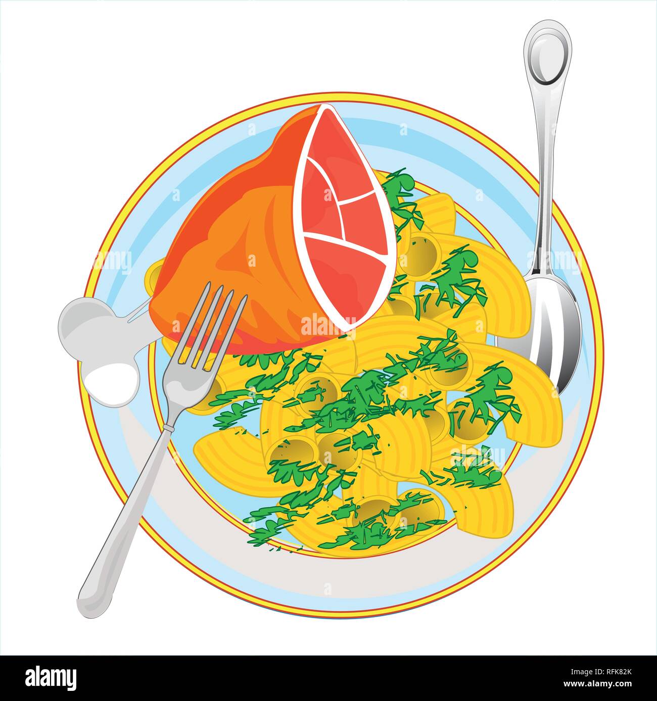 Vector illustration meat dish on plate noodle and ham Stock Vector ...