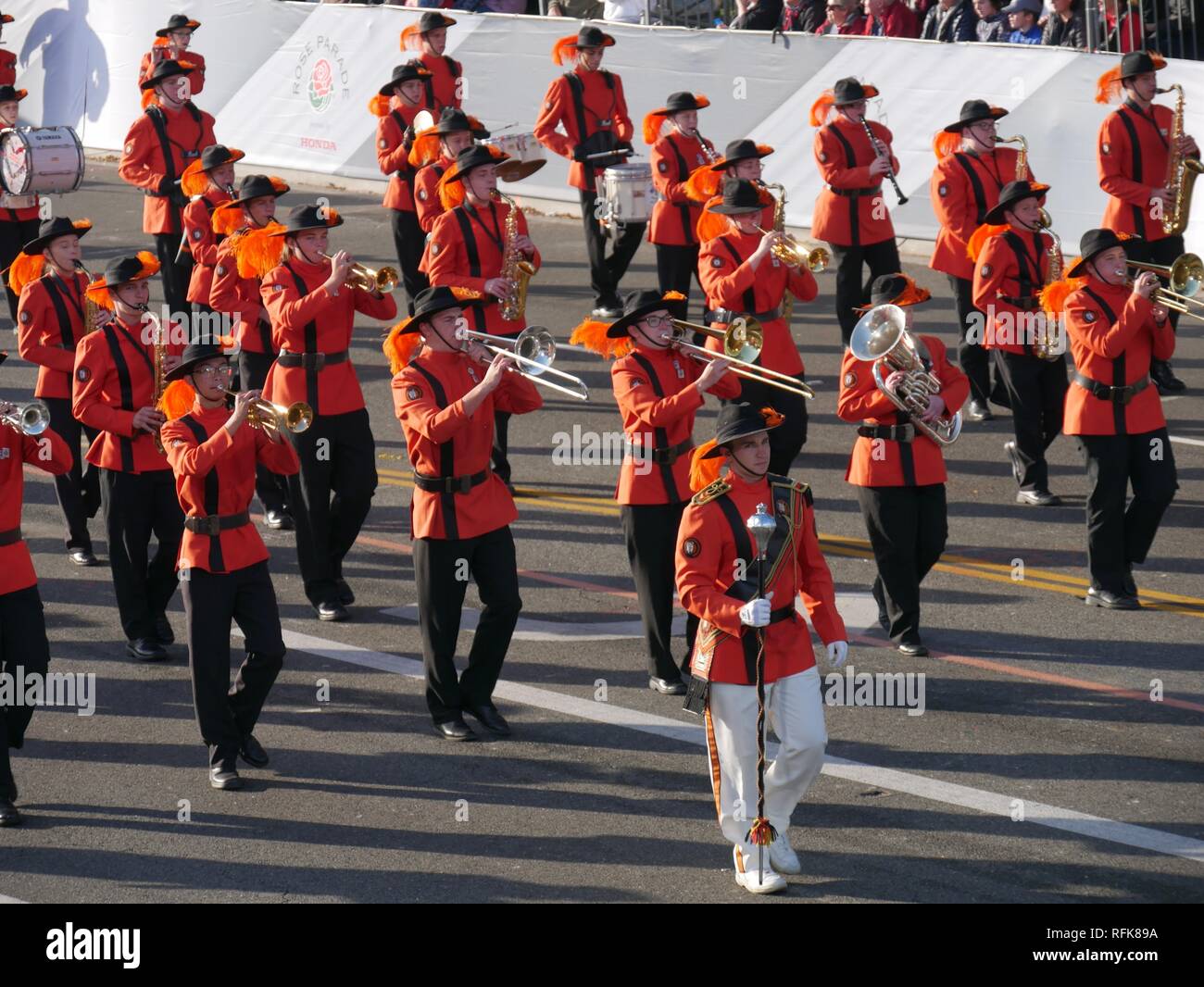 PASADENA, CALIFORNIA—JANUARY 1, 2018: Australia’s Marching Koala’s Band at the 129th Rose Bowl ...