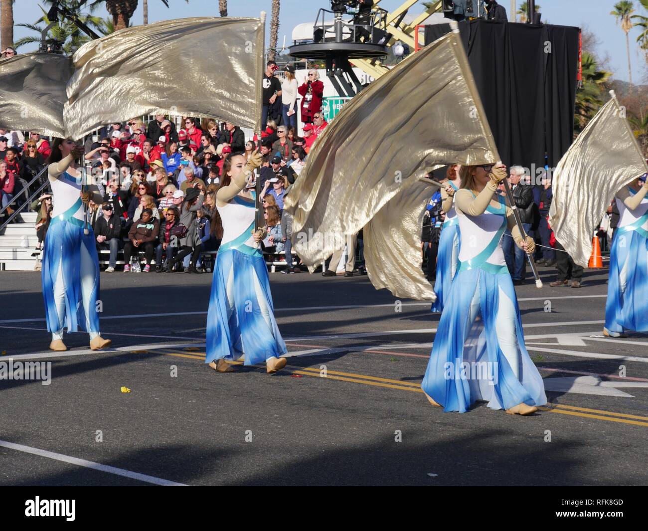PASADENA, CALIFORNIA—JANUARY 1, 2018: Color Guards of the Westlake High ...