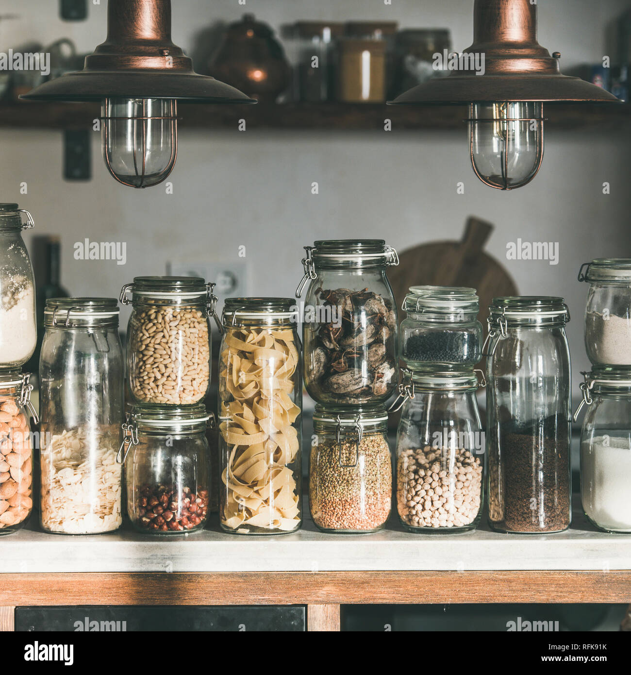 Grains, cereals, nuts, dry fruit, pasta in jars, square crop Stock ...