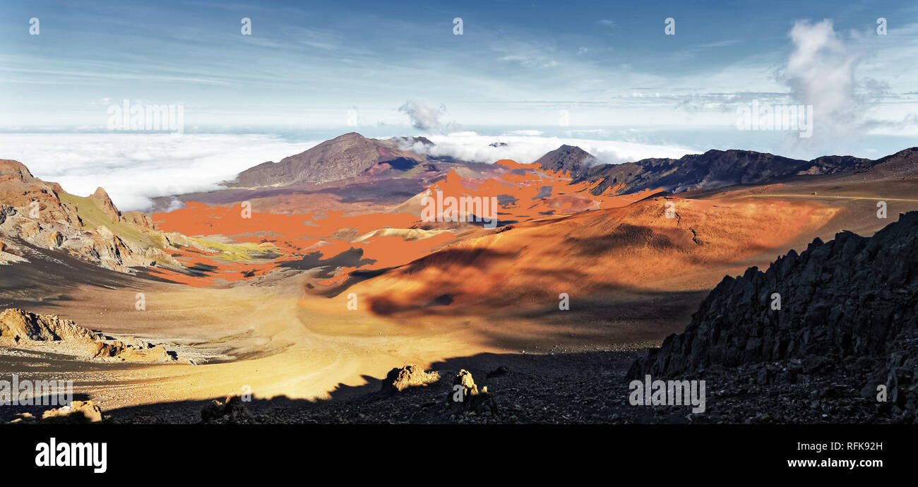 Wide volcanic landscape with lava fields in different colors, wide view ...