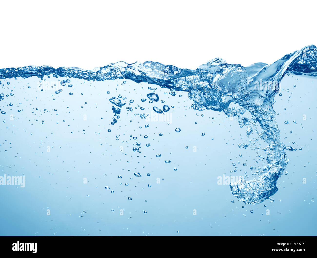 pure blue water with splash and air bubbles on white background Stock ...