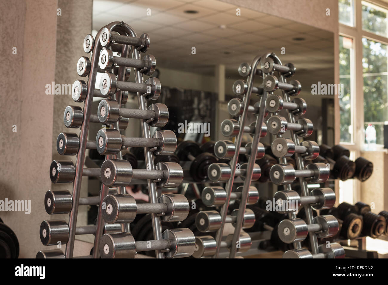 weights are in a row in the gym Stock Photo - Alamy