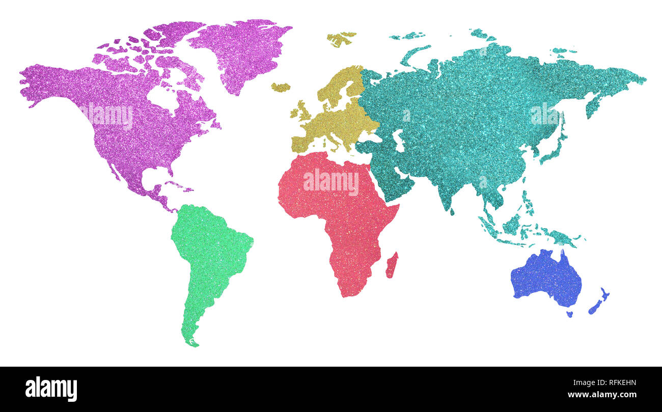 Big world map with colorful continents with shimmering glittery texture ...