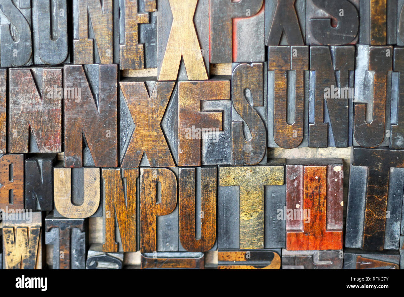 Collection of old retro block lithograph letters Stock Photo - Alamy
