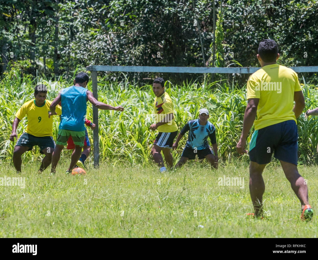 Santa Rita, Peru - Sep 19, 2018: Local people playing football in a ...