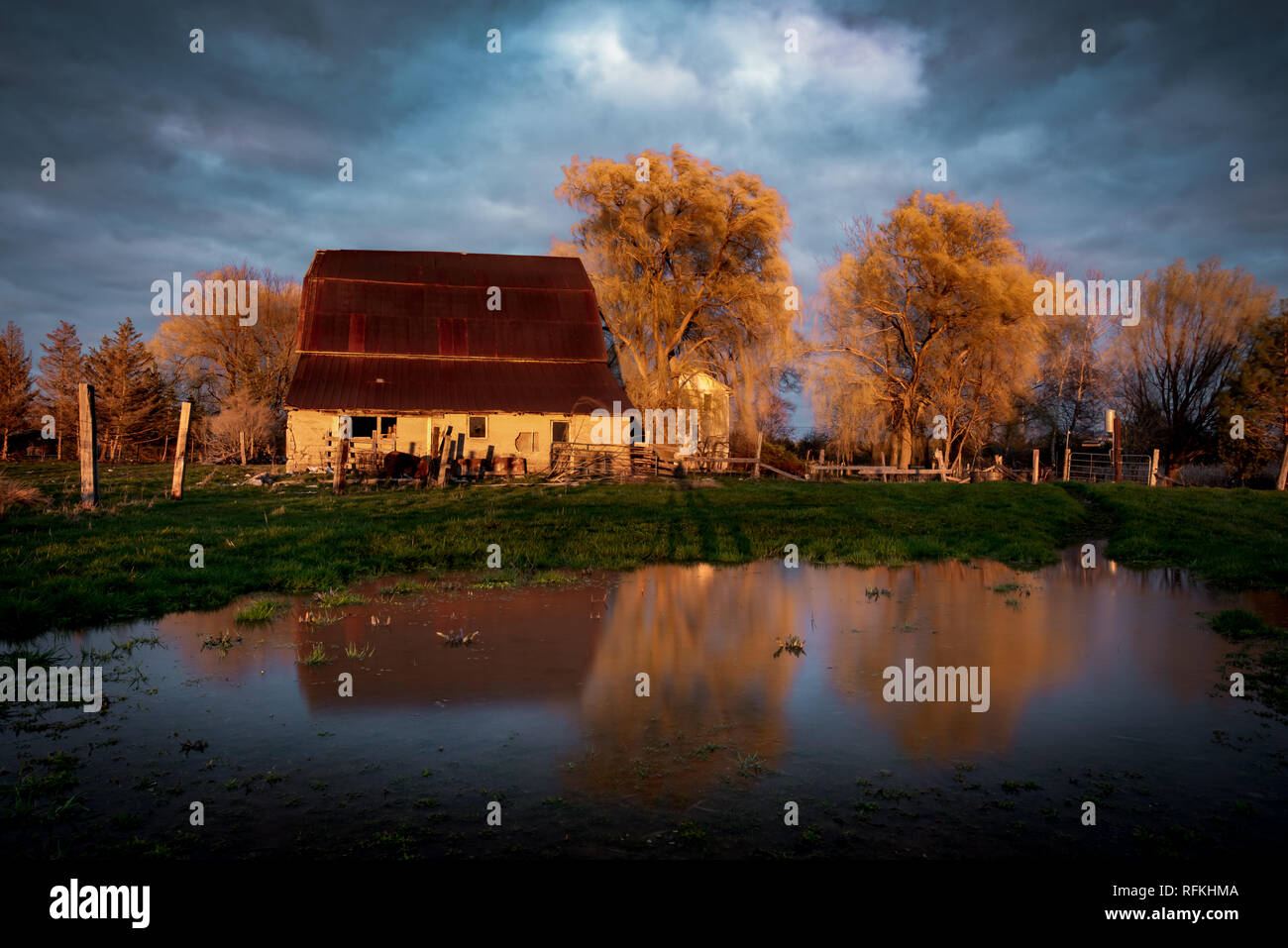 Old barn cast in orange as the sunset illuminates the building and ...