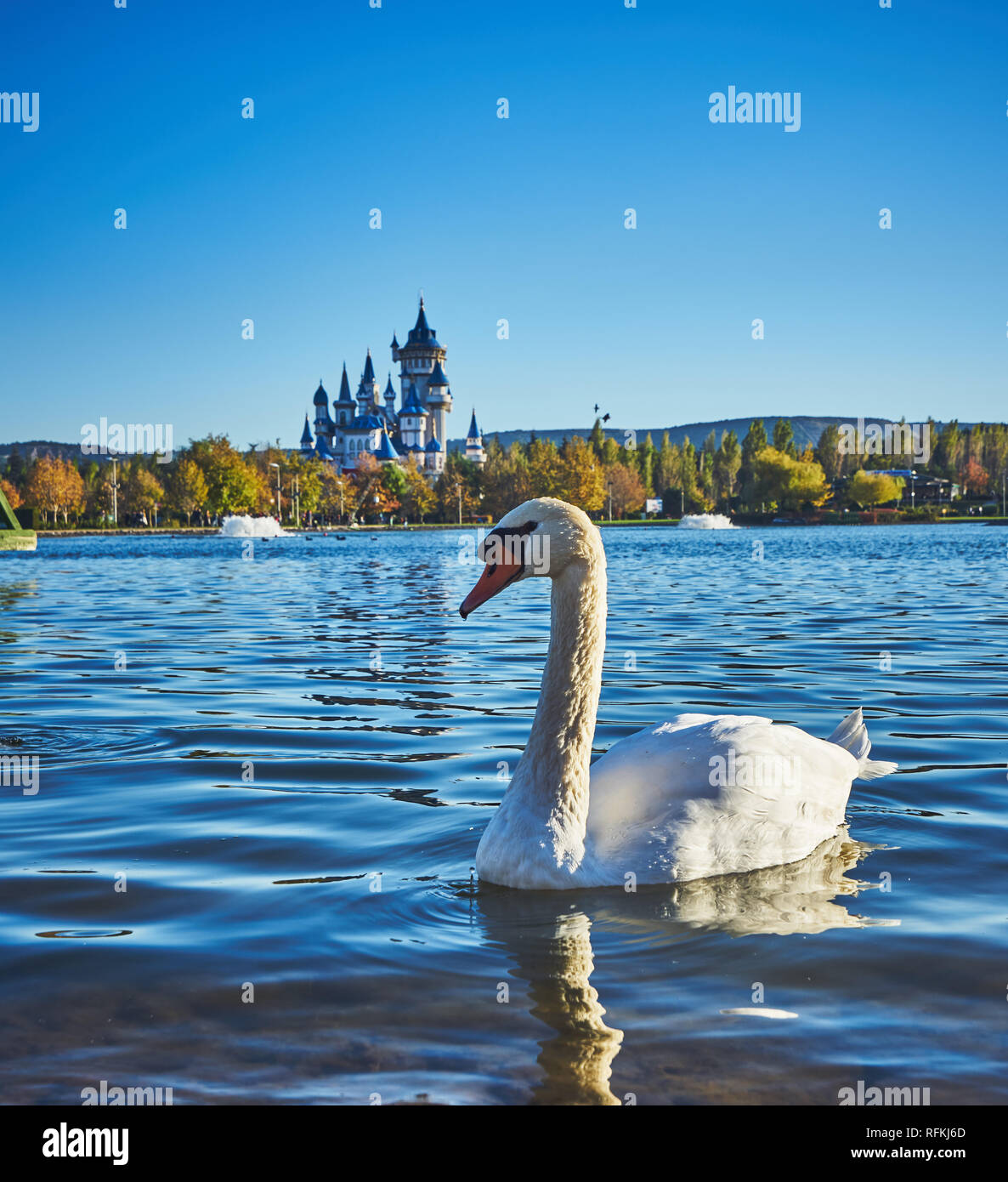 Swan and fairy tale castle in Sazova Park, Eskisehir, Turkey Stock ...