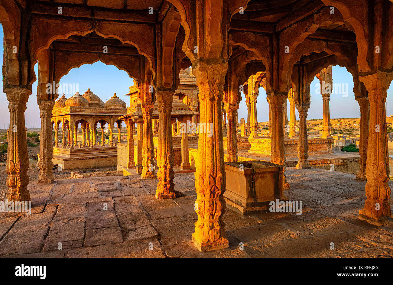 Ornamented Bada Bagh historical stone cenotaphs in Jaisalmer, Rajasthan ...
