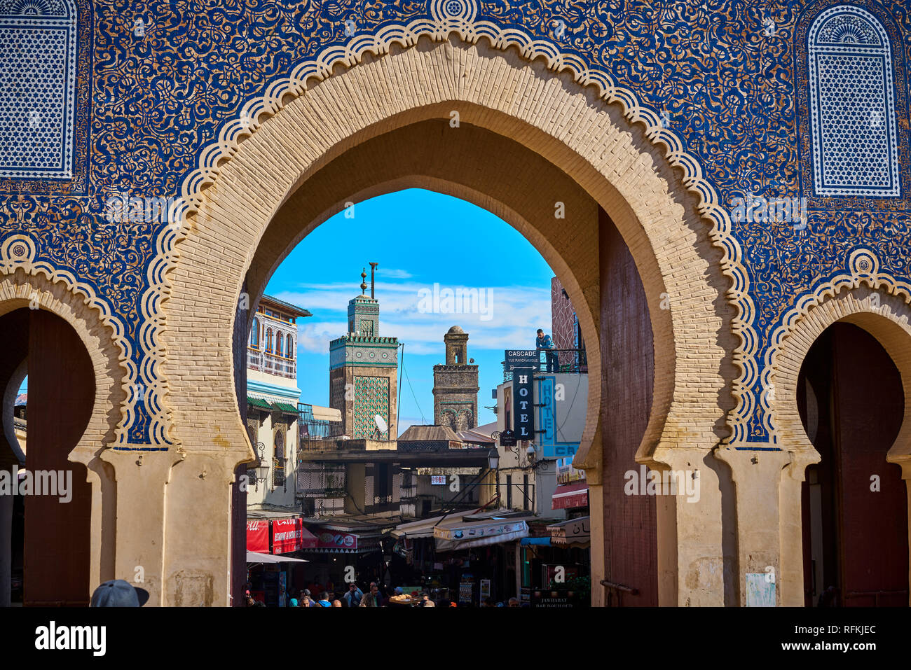 Bab Bou Jeloud, ornate city gate of Fes el Bali, the old city of Fez ...