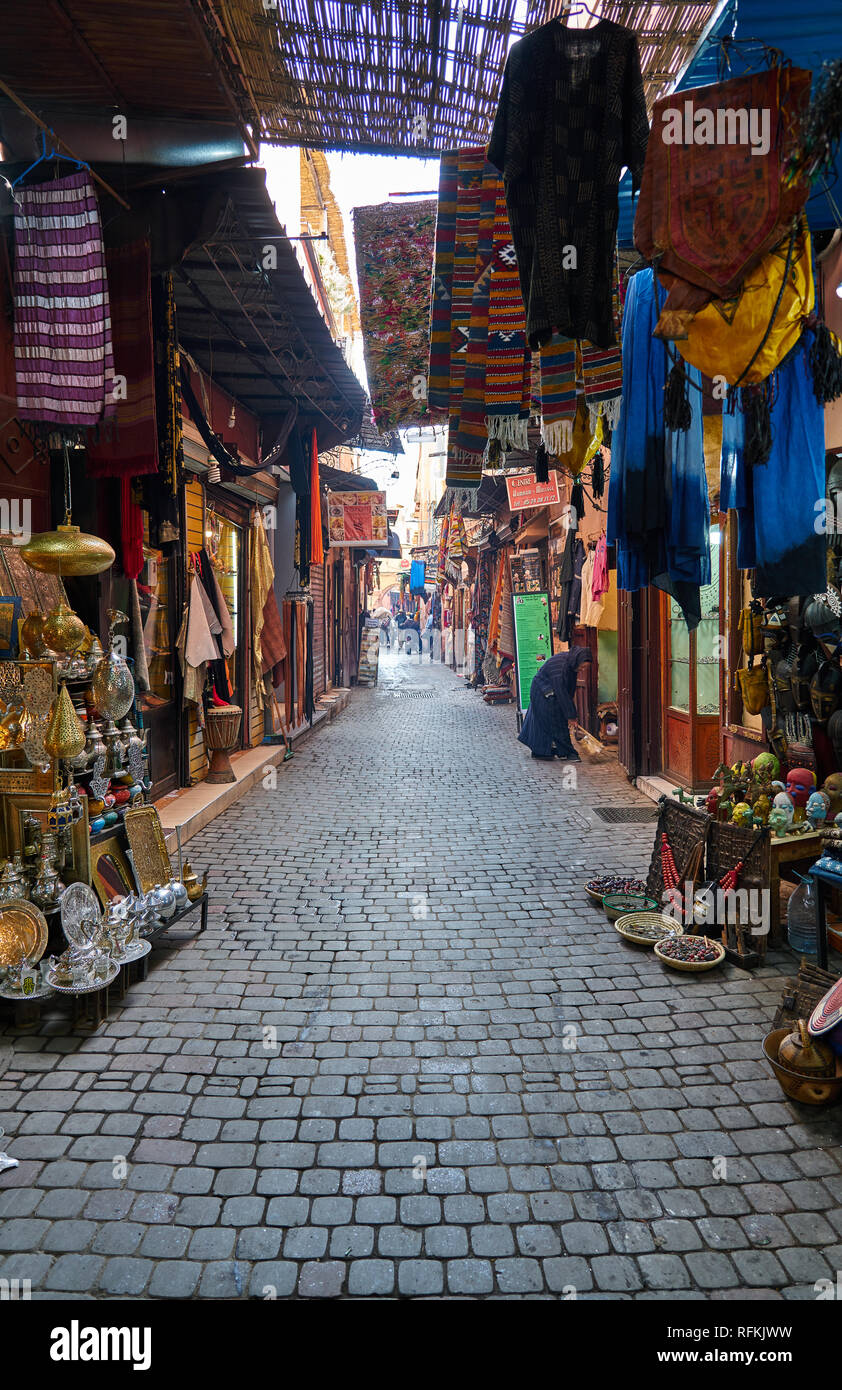 Scene of a traditional souk - bazaar - street of Marrakesh and Moroccan ...