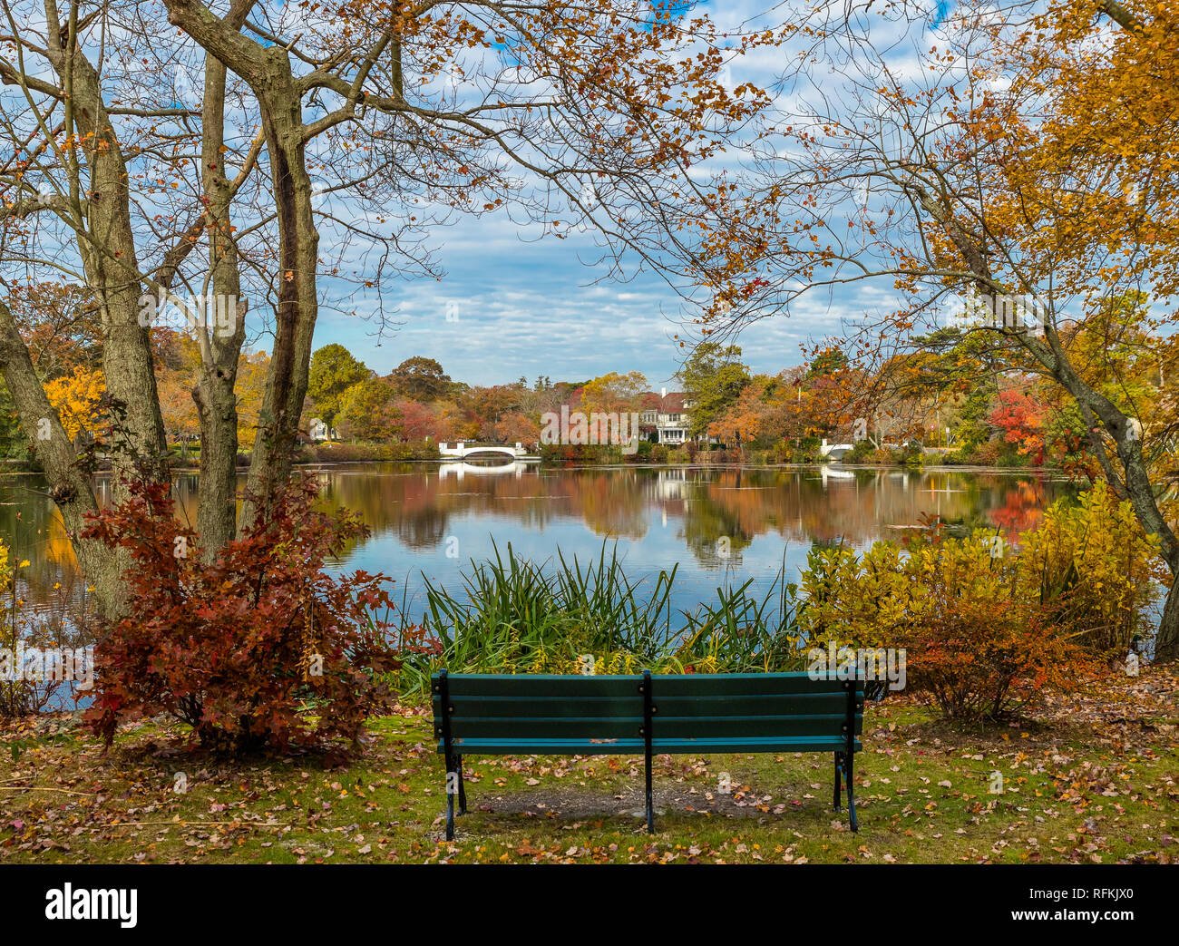 Red fall leaves bench hi-res stock photography and images - Alamy