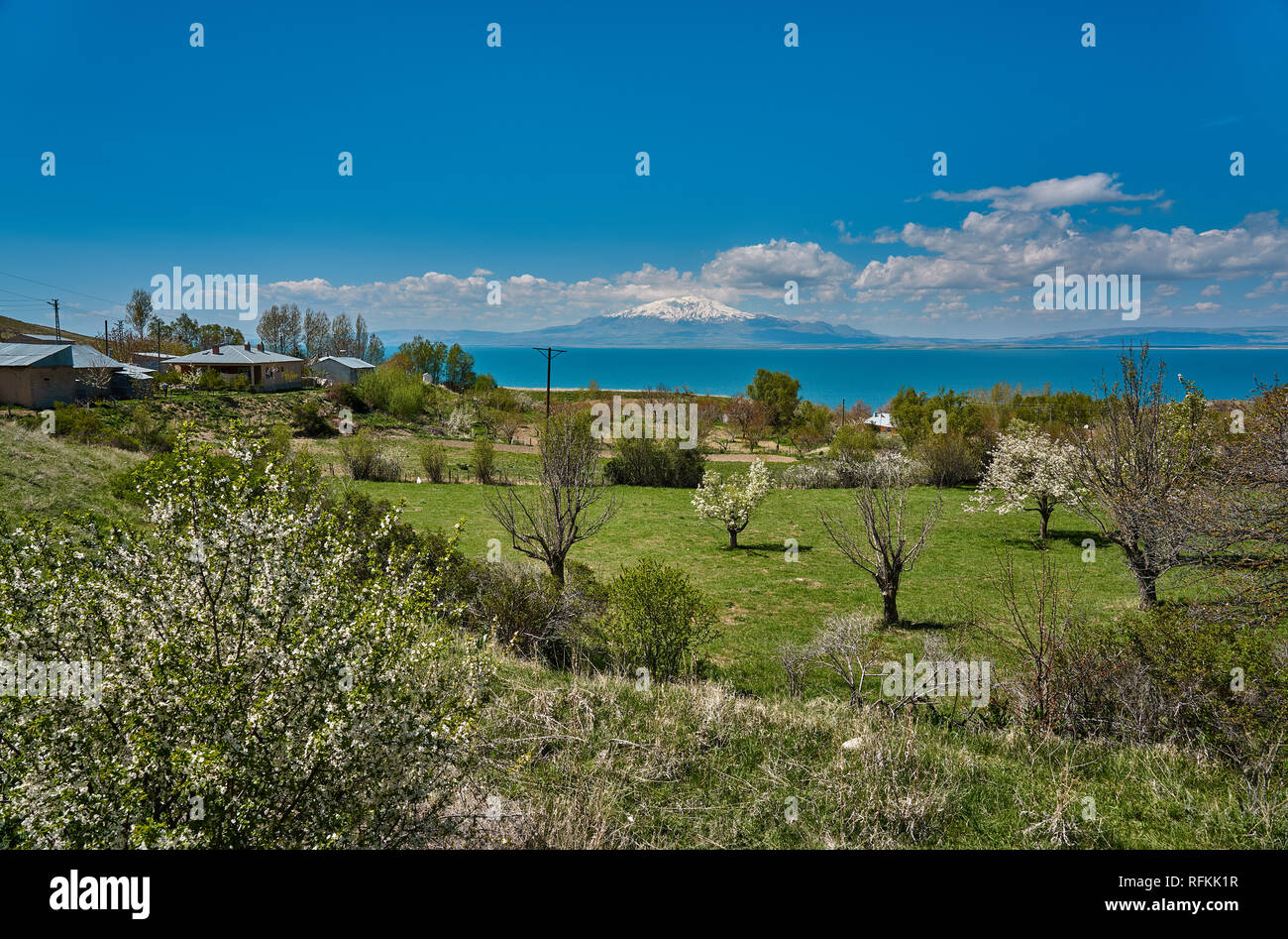 Panorama of Van Lake with snowy Suphan Mountain (Süphan Dağı) from a ...