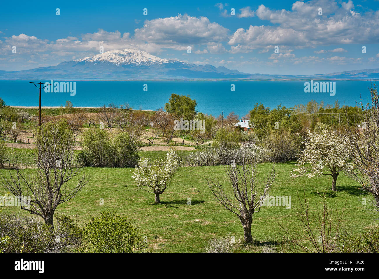 Panorama of Van Lake with snowy Suphan Mountain (Süphan Dağı) from a ...