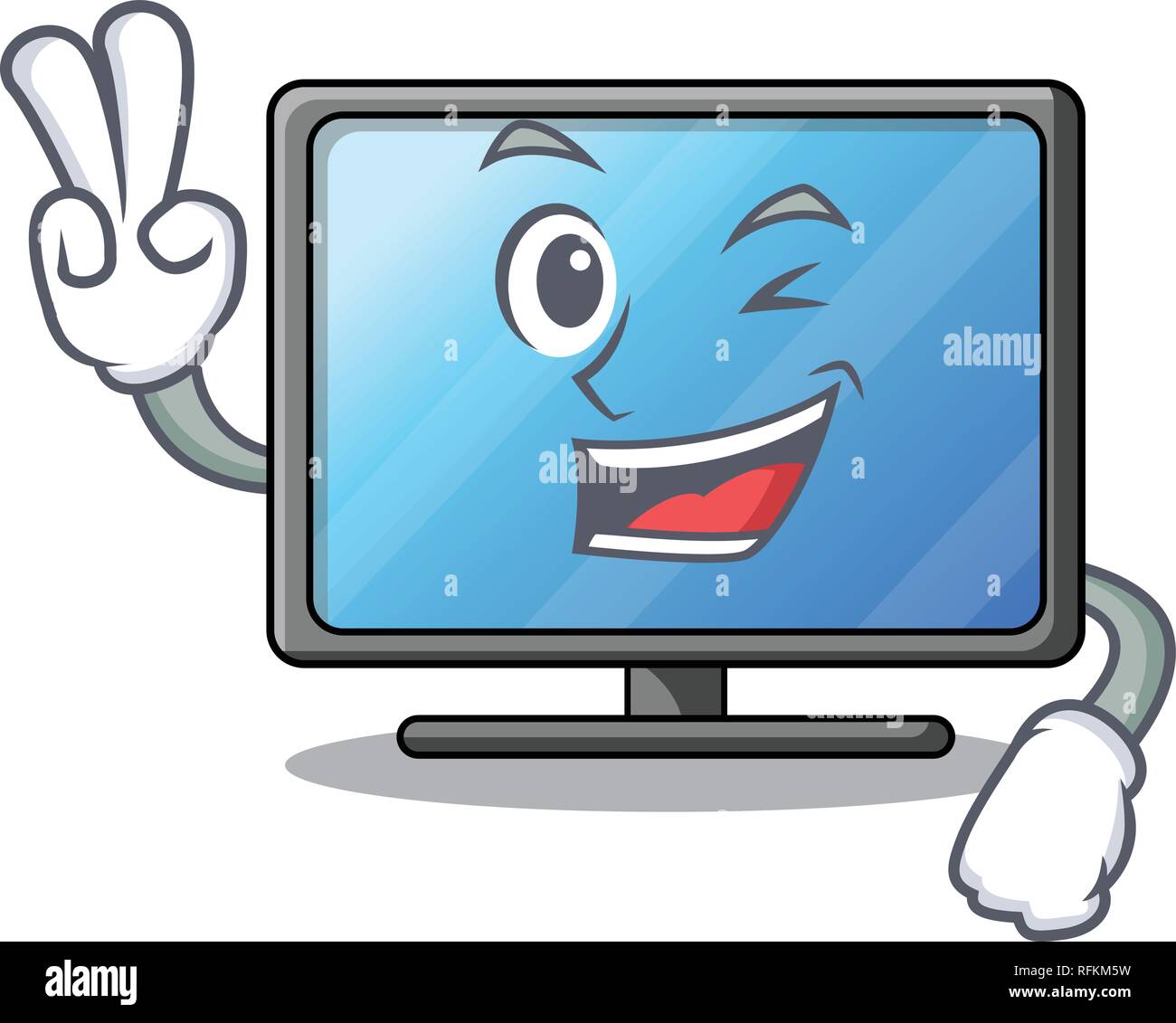 Two finger lcd tv above wooden cartoon table vector illustration Stock ...