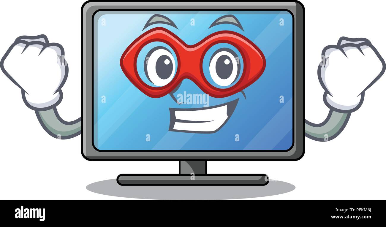 Super hero lcd tv above wooden cartoon table vector illustration Stock ...