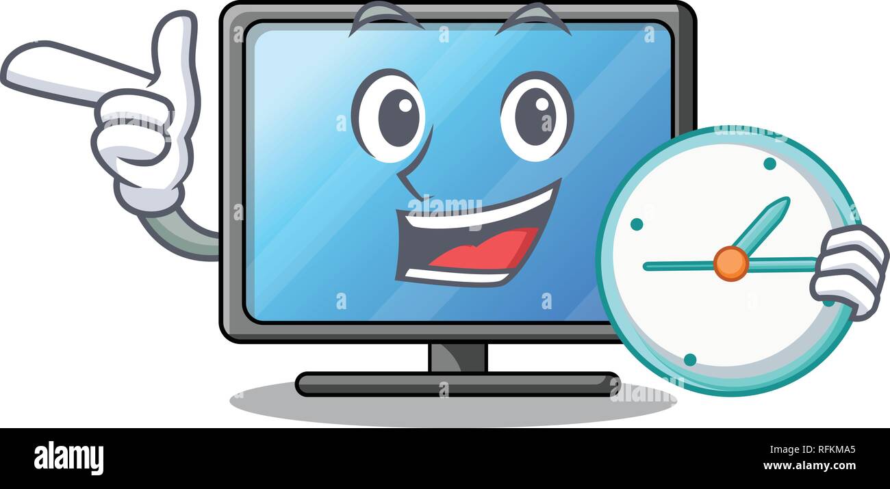 With clock lcd tv above wooden cartoon table vector illustration Stock ...