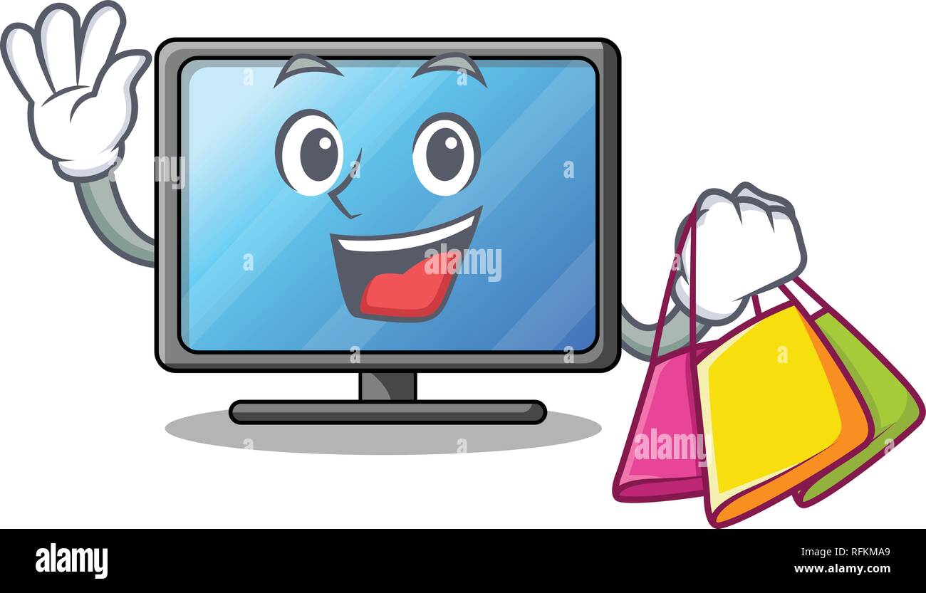 Shopping lcd tv above wooden cartoon table vector illustration Stock ...