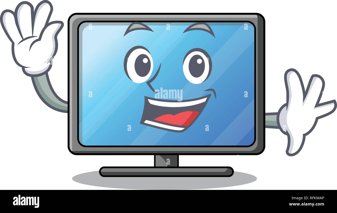Waving lcd tv above wooden cartoon table vector illustration Stock ...