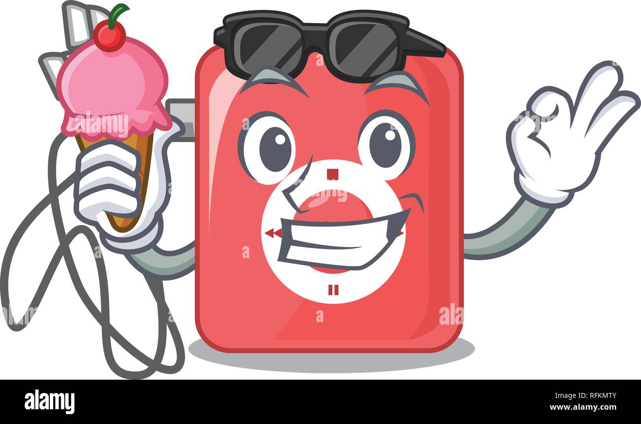 With ice cream charcter mp3 player above wooden table vector ...