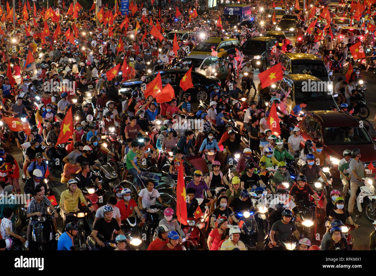 HO CHI MINH CITY, VIET NAM, Group of Vietnamese football fans celebrate ...