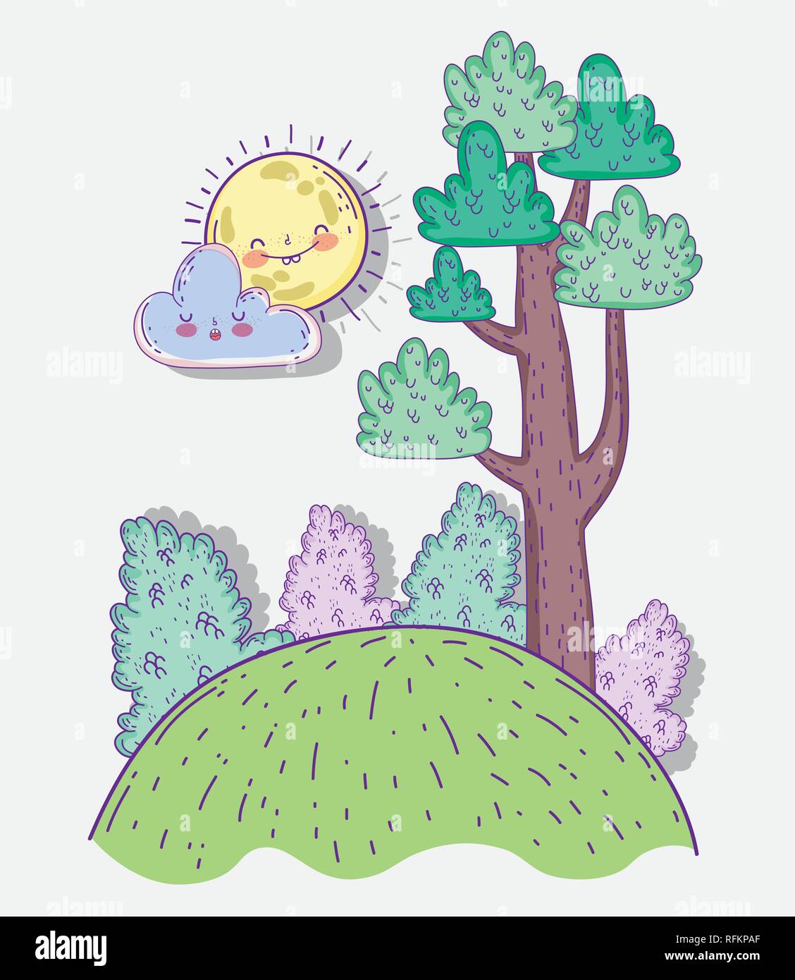 nature tree with bushes and sun with clouds Stock Vector Image & Art ...