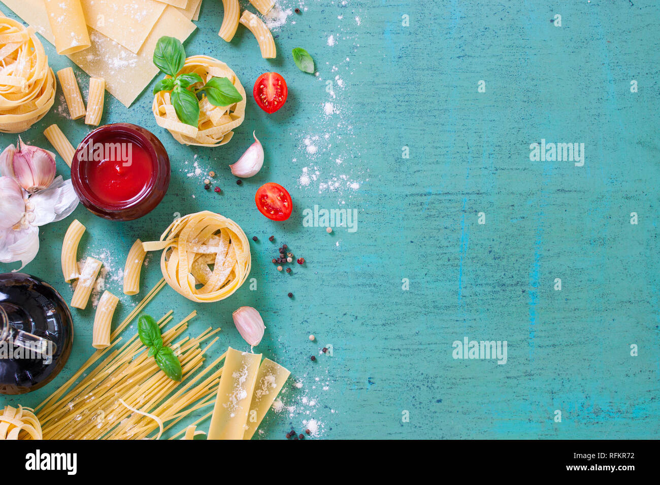 Italian food background with different types of pasta, health or ...