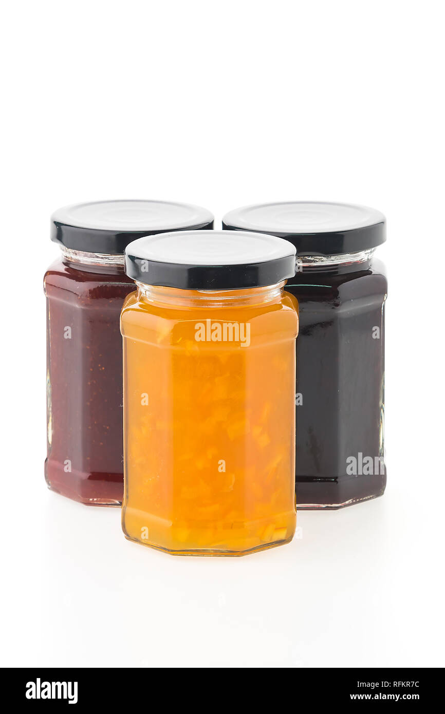 Jam jar bottles isolated on white background Stock Photo - Alamy